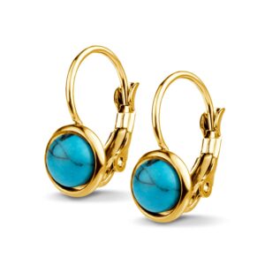 555jewelry womens stainless steel stone marble round circle vintage genuine delicate cut classic leverback findings finish fashion accessories jewelry earring, yellow gold & turquoise