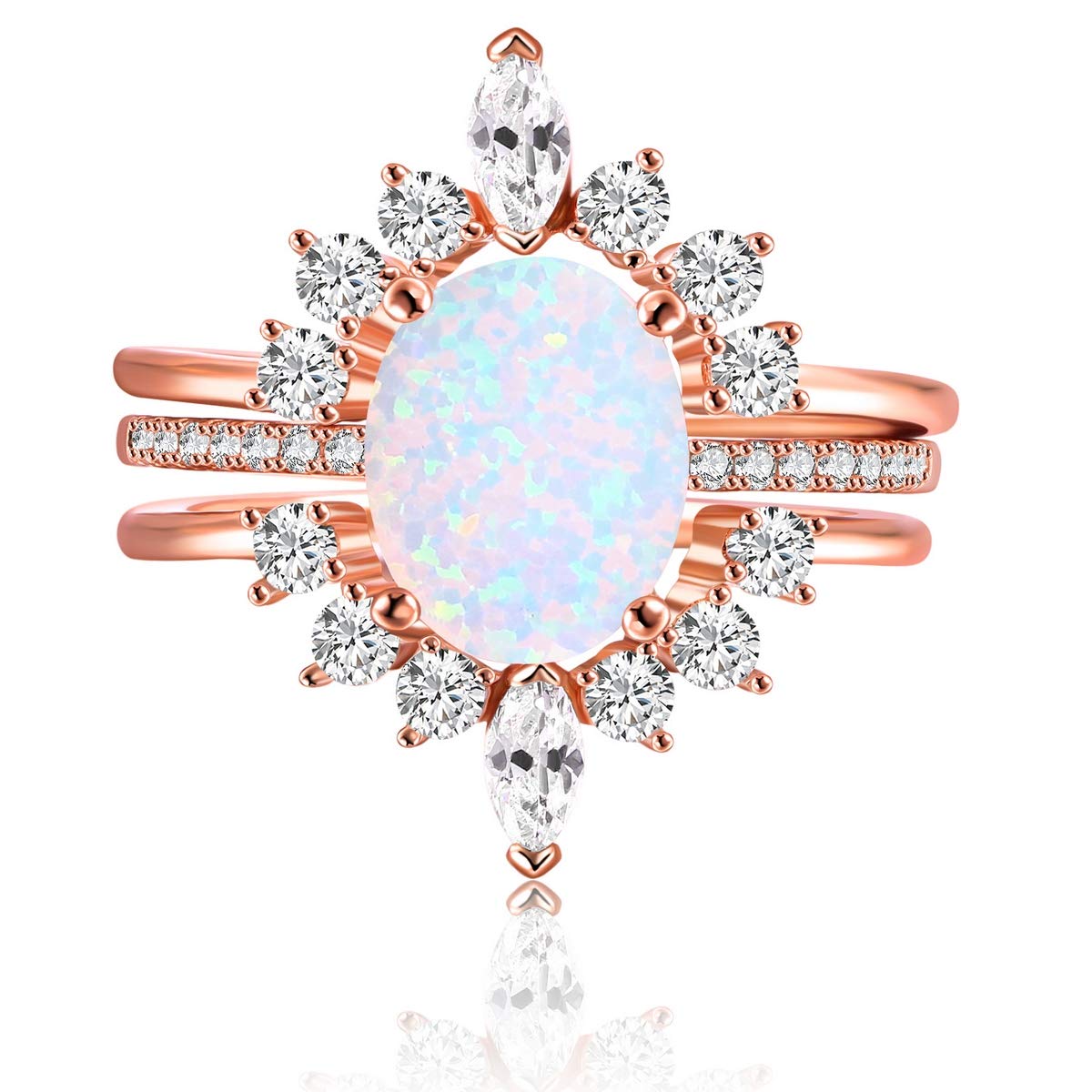 LAZLUVU Women Stackable Rings AAA Rose Gold Engagement Rings 3Pcs Opal Rings Set for Women Opal Rose Gold Wedding Ring Set Christmas Jewelry Size 7