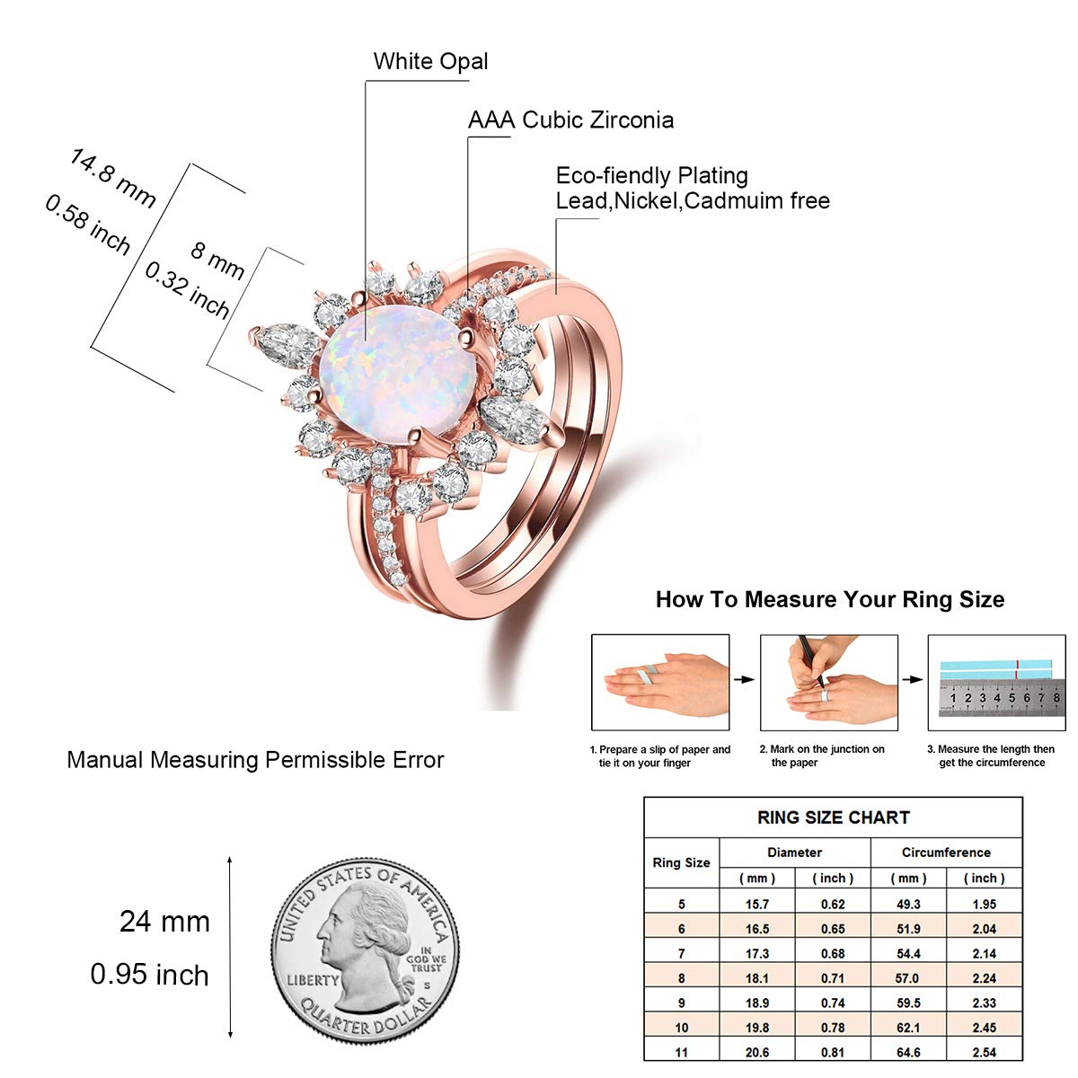 LAZLUVU Women Stackable Rings AAA Rose Gold Engagement Rings 3Pcs Opal Rings Set for Women Opal Rose Gold Wedding Ring Set Christmas Jewelry Size 7