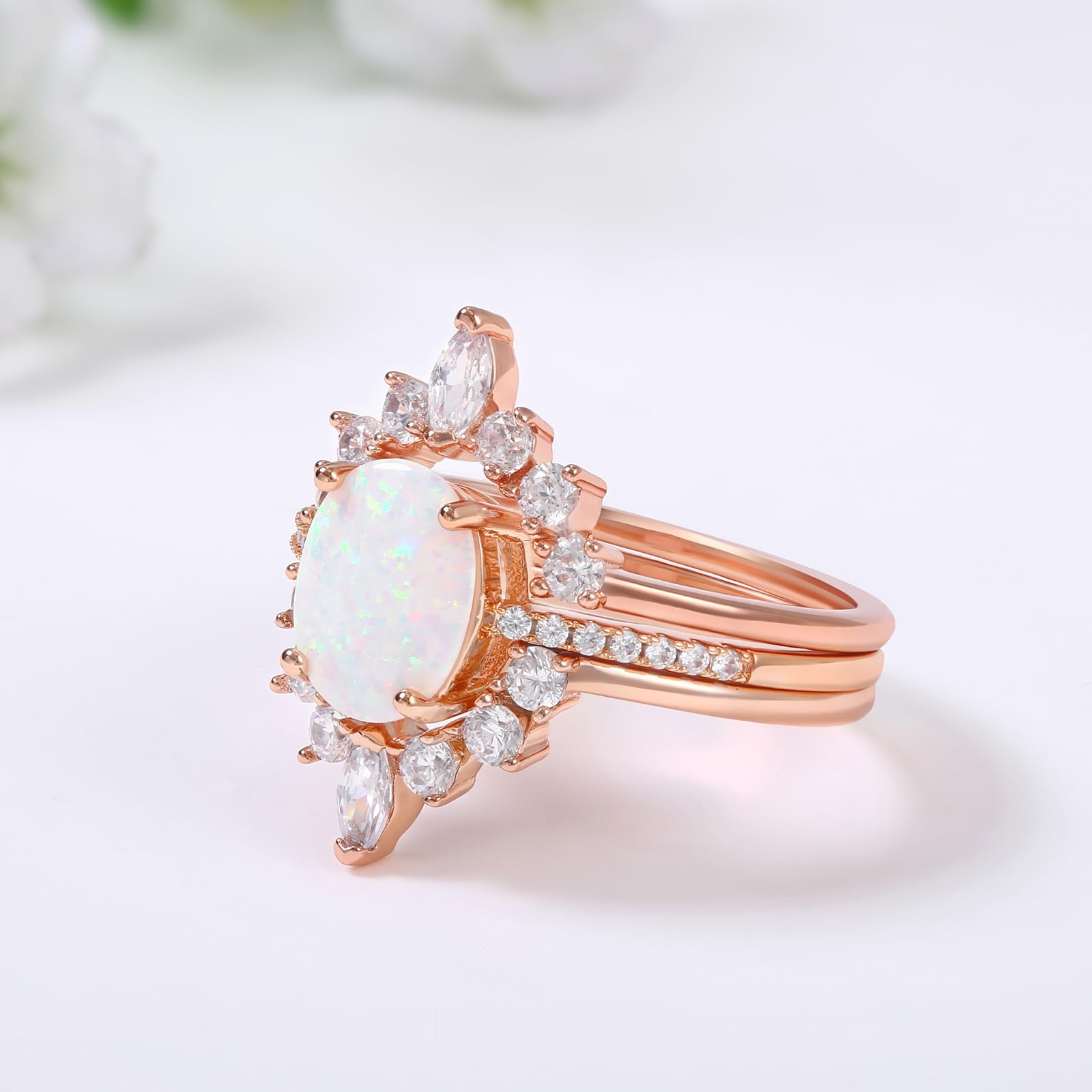 LAZLUVU Women Stackable Rings AAA Rose Gold Engagement Rings 3Pcs Opal Rings Set for Women Opal Rose Gold Wedding Ring Set Christmas Jewelry Size 7