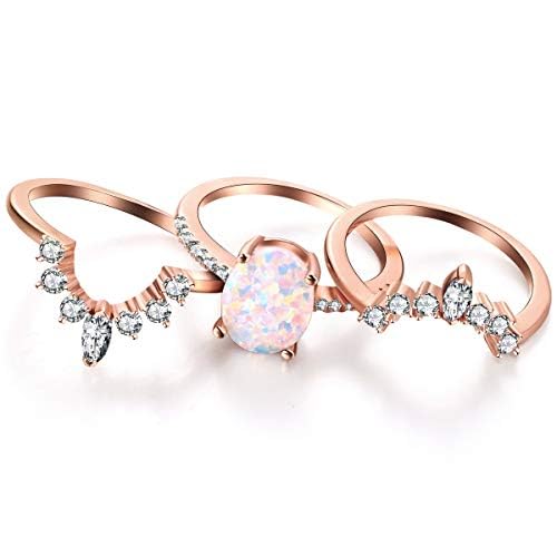 LAZLUVU Women Stackable Rings AAA Rose Gold Engagement Rings 3Pcs Opal Rings Set for Women Opal Rose Gold Wedding Ring Set Christmas Jewelry Size 7