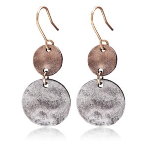 2 pairs Boho Drop Coin Earring Round Dangle Hoops Handmade Retro Geometry Earring Copper Wire Women Jewelry (Round Gold+Round Silver)