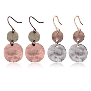 2 pairs boho drop coin earring round dangle hoops handmade retro geometry earring copper wire women jewelry (round gold+round silver)