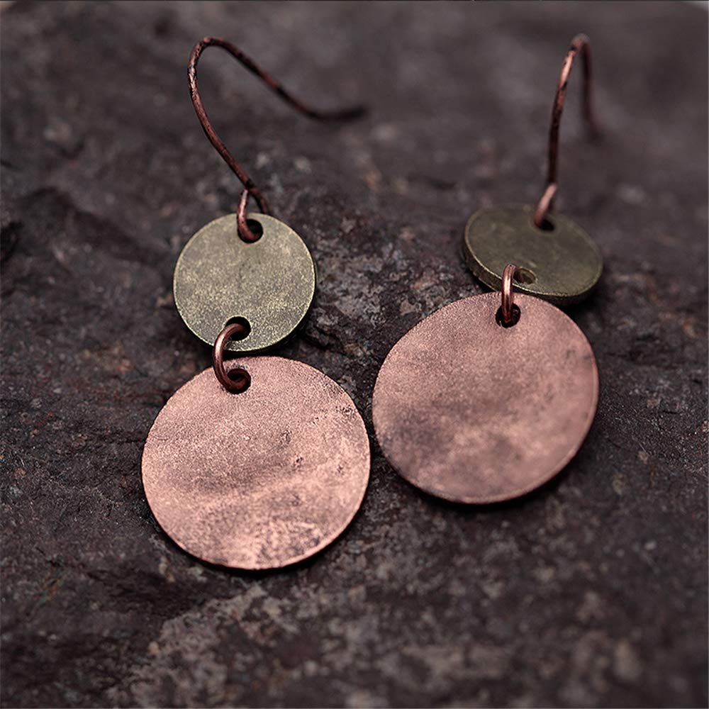 2 pairs Boho Drop Coin Earring Round Dangle Hoops Handmade Retro Geometry Earring Copper Wire Women Jewelry (Round Gold+Round Silver)