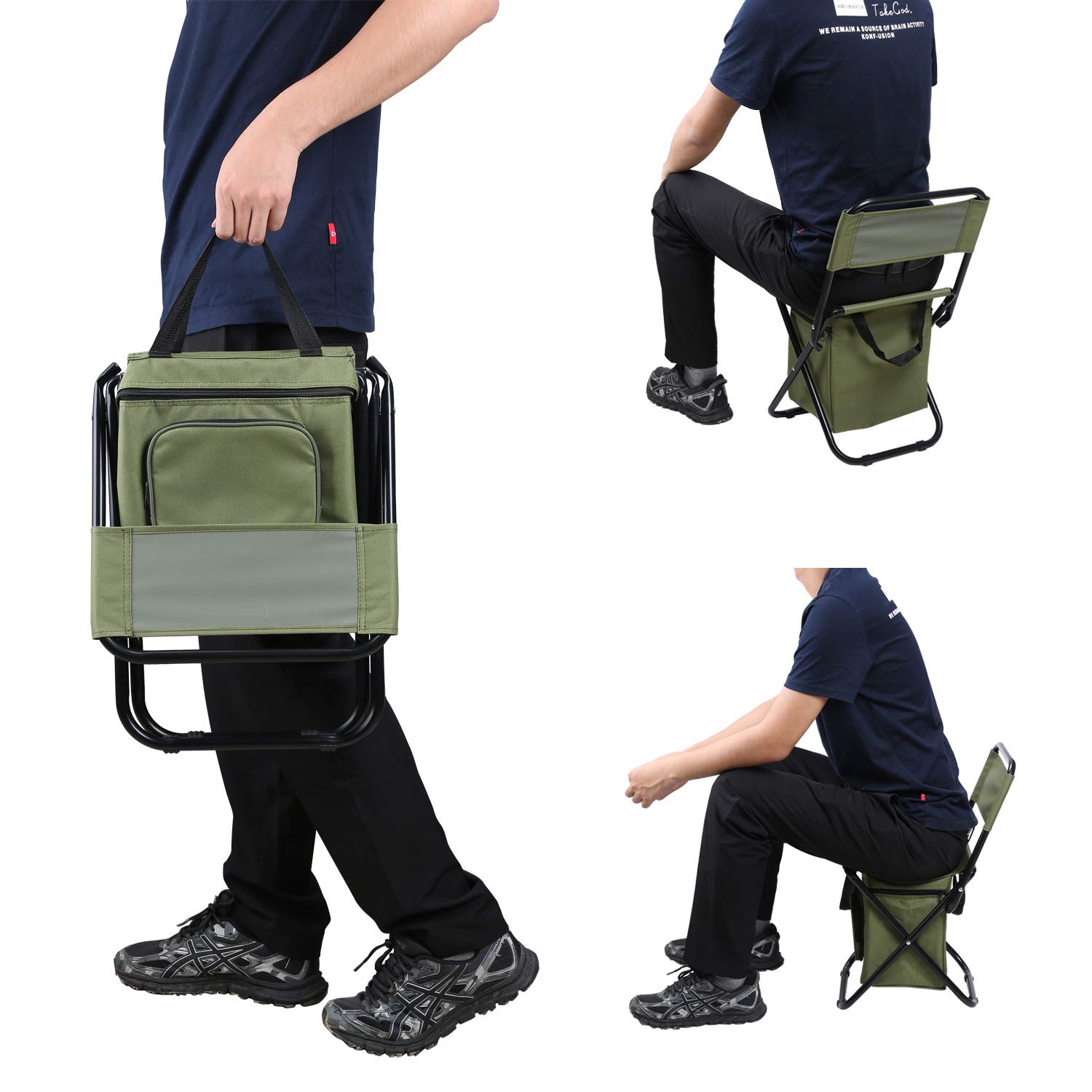 LEADALLWAY Fishing Chair with Cooler Bag Foldable Compact Fishing Stool,Green