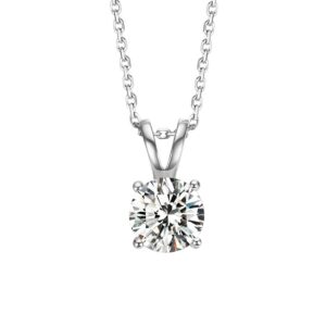 fancime 14k solid white gold round 4 prong 1 carat moissanite simulated diamond 6.5mm d-e color vvs clarity pendant necklace for women, 16" + 2" extender