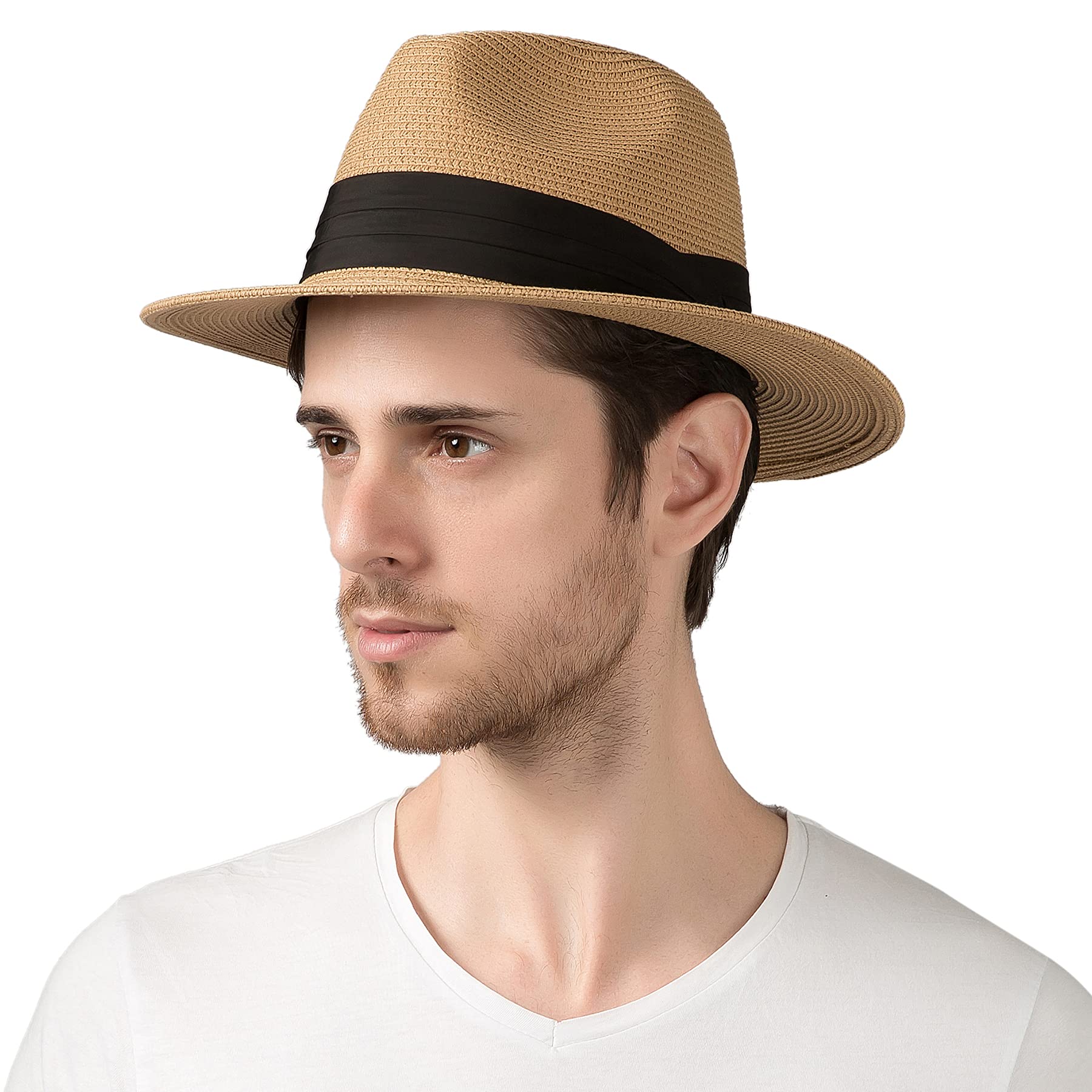 Lanzom Summer Beach Sun Hats for Men Women Foldable Floppy Travel Packable Staw Hat, Wide Brim Hat(Style B-Khaki, Large Size:Fit for 23"-23.6")