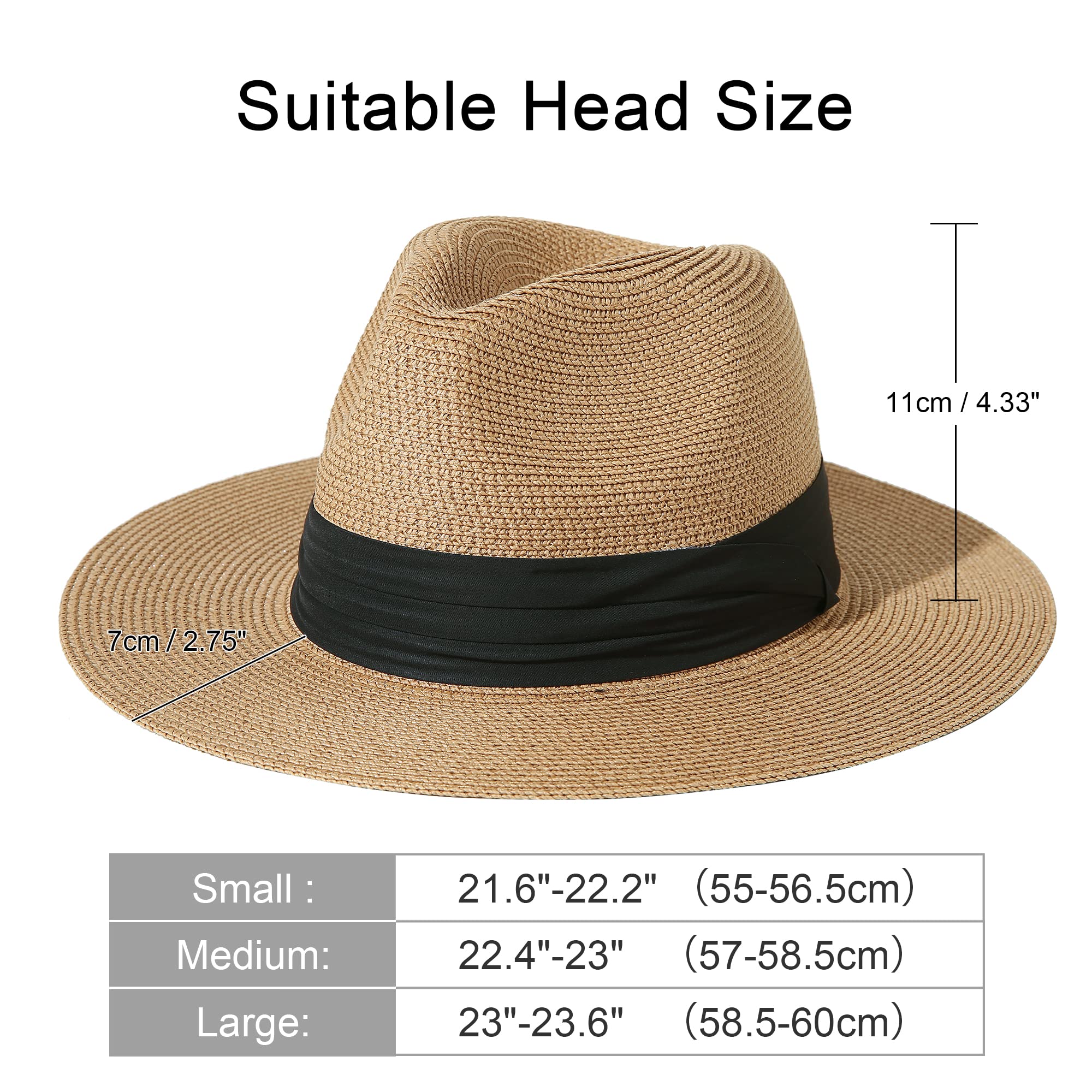 Lanzom Summer Beach Sun Hats for Men Women Foldable Floppy Travel Packable Staw Hat, Wide Brim Hat(Style B-Khaki, Large Size:Fit for 23"-23.6")