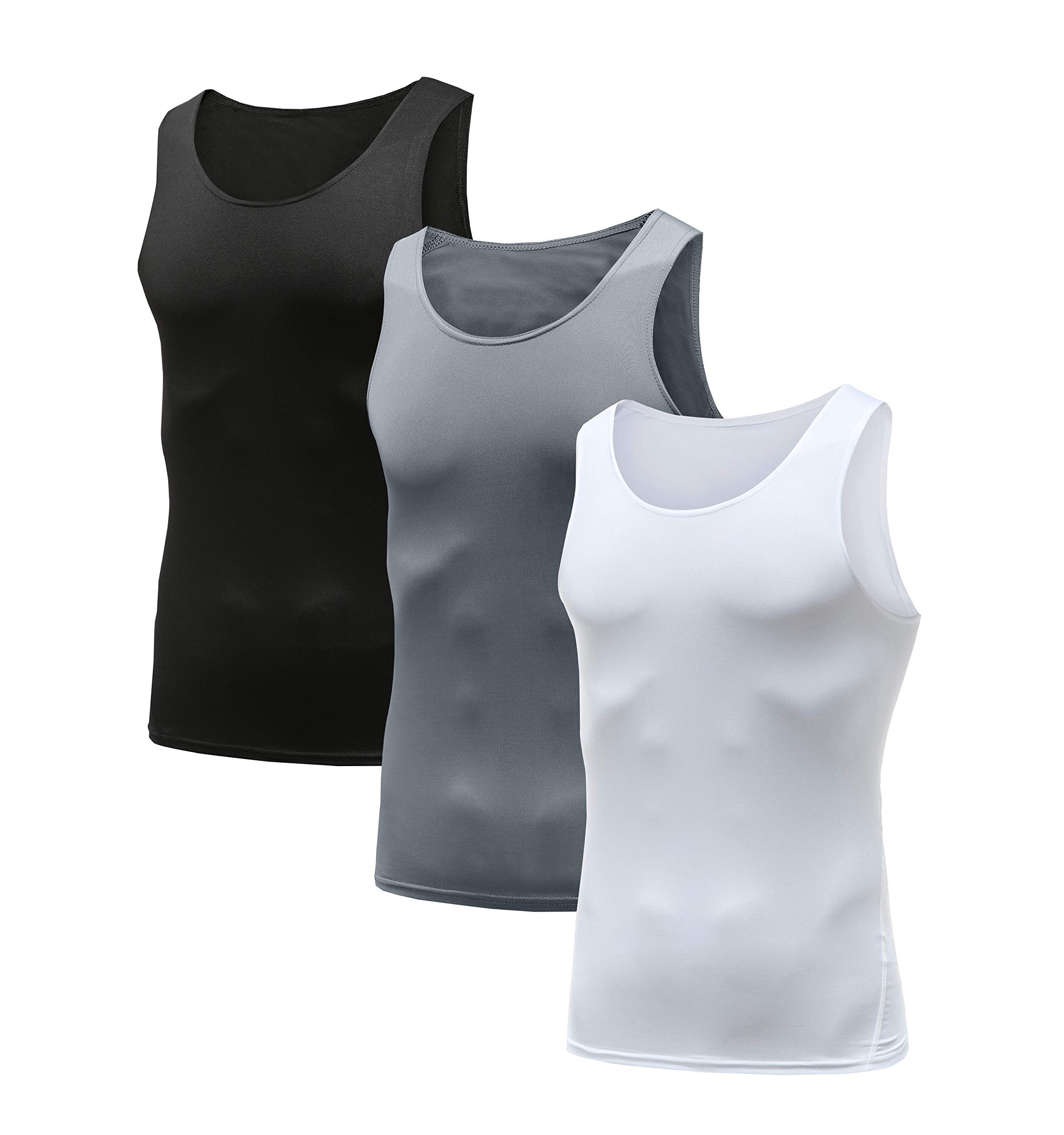 HIBETY Men's 3 Packs Sleeveless Compression Tank Top,Baselayer Cool Dry Compression Shirts(Black/Gray/White-03-L)