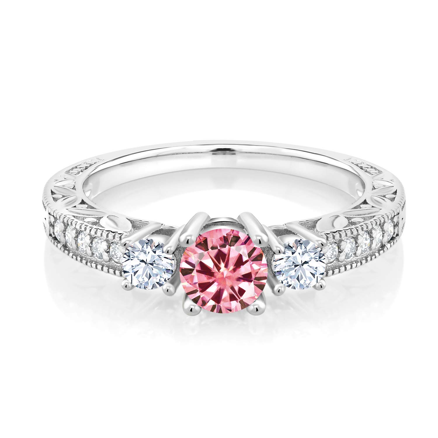 Gem Stone King 925 Sterling Silver Round Pink Moissanite and White Created Sapphire 3 Stone Women Ring (0.89 Cttw, Available In Size 5, 6, 7, 8, 9)