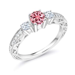 Gem Stone King 925 Sterling Silver Round Pink Moissanite and White Created Sapphire 3 Stone Women Ring (0.89 Cttw, Available In Size 5, 6, 7, 8, 9)