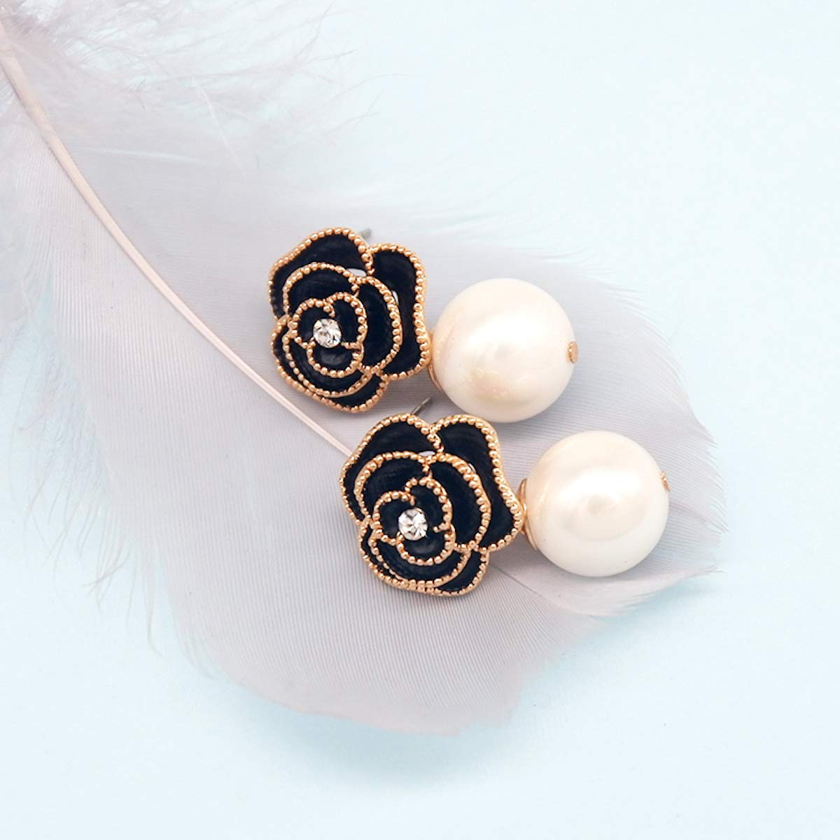 Fashion Designer Imitation Pearl Black Camellia Floral Charm Dangle Drop Earrings Studs For Women (Black)