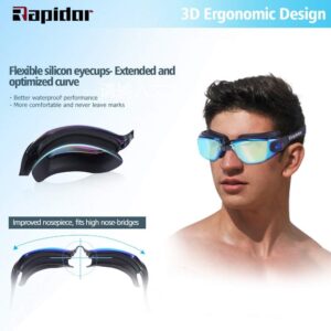 Rapidor Swim Goggles for Men Women Teens, Anti-Fog UV-Protection Leak-Proof, RP905 Series Multiple Choices (Black- Mirrored Lenses)