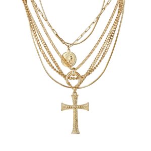 acc planet gold layer necklace set 6pcs gold plated multilayer chain moon cross coin pendant mother's day layered choker necklace for women gift