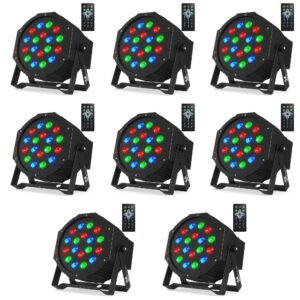 missyee 18 rgb led dj stage uplight -dmx control sound activated with remote control and 7 modes led for wedding, events, christmas and halloween music disco party -r&d in usa -8 pack