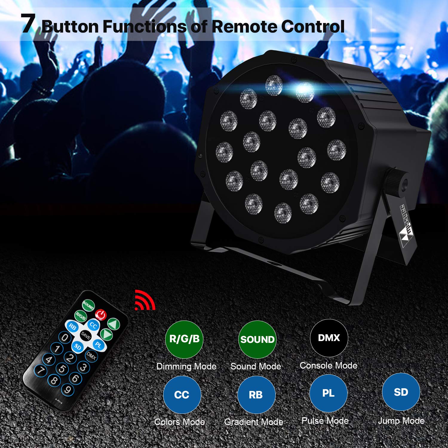 Missyee 18 RGB LED DJ Stage Uplight -DMX Control Sound Activated with Remote Control and 7 Modes LED for Wedding, Events, Christmas and Halloween Music Disco Party -R&D in USA -8 Pack