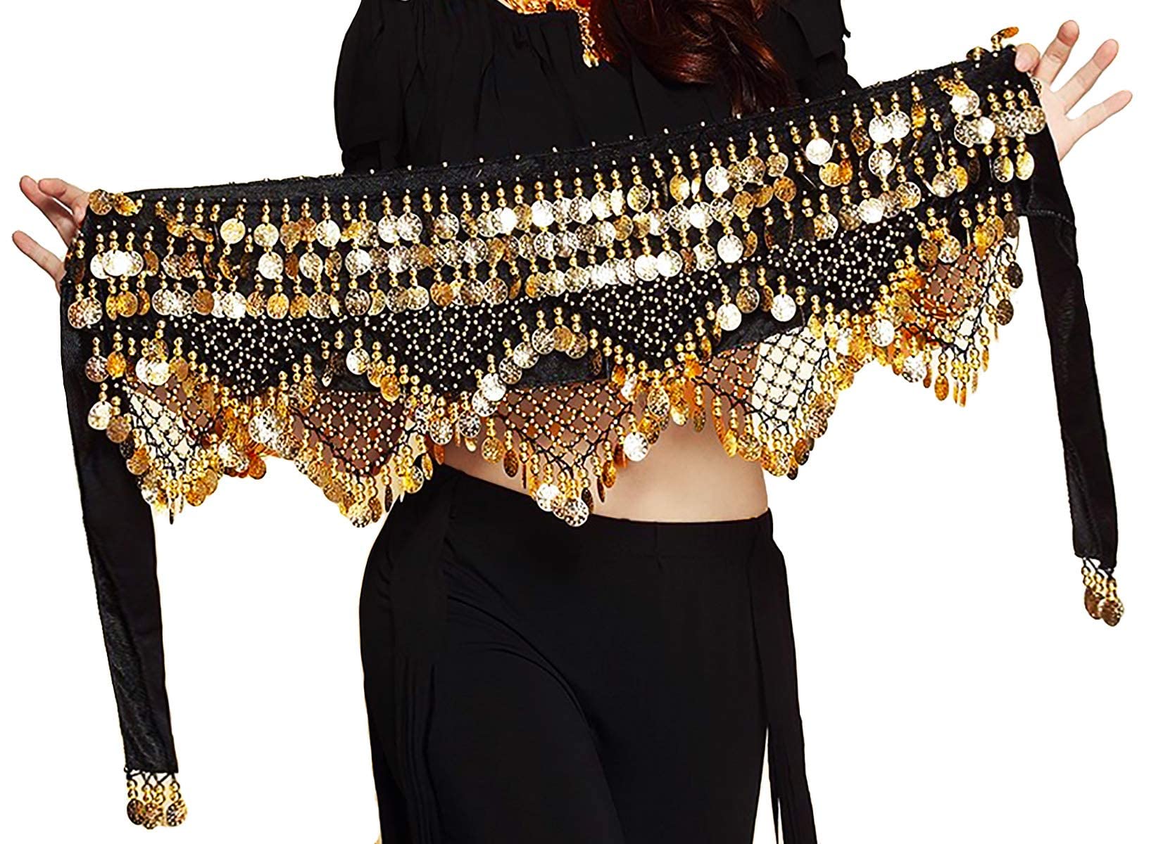 Gypsy Skirt Belly Dance Hip Scarf Dancing Dancer Women Pirate Costume Accessories Fortune Teller Headpiece Head Coins Belt Black Gold