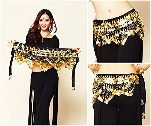 Gypsy Skirt Belly Dance Hip Scarf Dancing Dancer Women Pirate Costume Accessories Fortune Teller Headpiece Head Coins Belt Black Gold