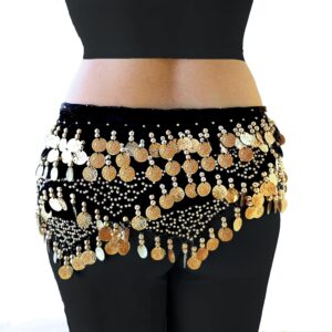 Gypsy Skirt Belly Dance Hip Scarf Dancing Dancer Women Pirate Costume Accessories Fortune Teller Headpiece Head Coins Belt Black Gold