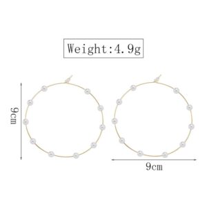 Doubnine Large Hoops Super Huge Circle Pearls Earrings Thin Dangle Gold Silver Elegant Wedding Women Accessories Jewelry Gift for Her (90mm gold)