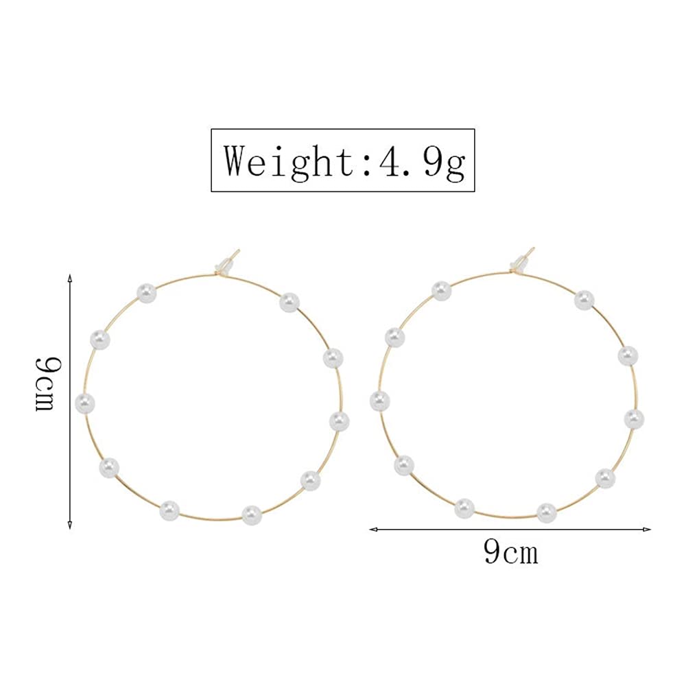 Doubnine Large Hoops Super Huge Circle Pearls Earrings Thin Dangle Gold Silver Elegant Wedding Women Accessories Jewelry Gift for Her (90mm gold)