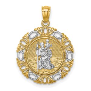 saint christopher figure on round pendant with fancy border in real 14k two-tone gold 17mm