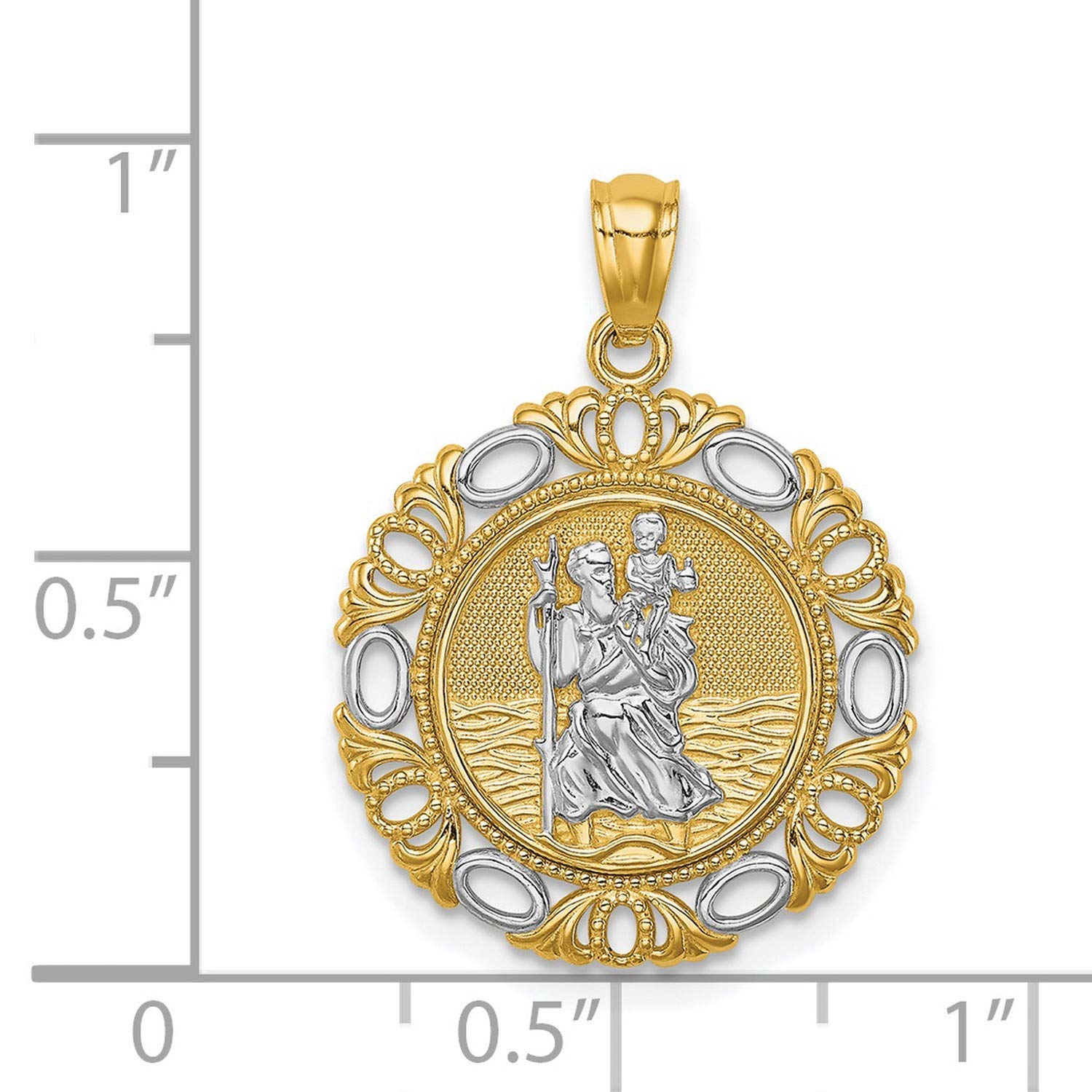 Saint Christopher Figure on Round Pendant with Fancy Border in Real 14k Two-Tone Gold 17mm