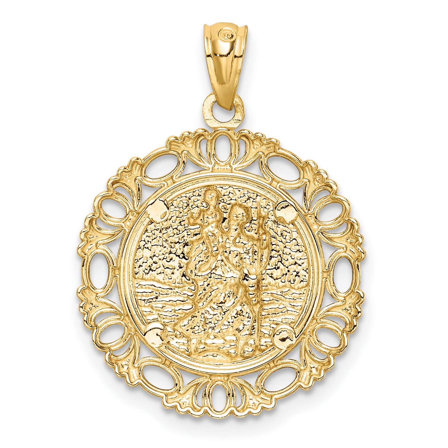 Saint Christopher Figure on Round Pendant with Fancy Border in Real 14k Two-Tone Gold 17mm