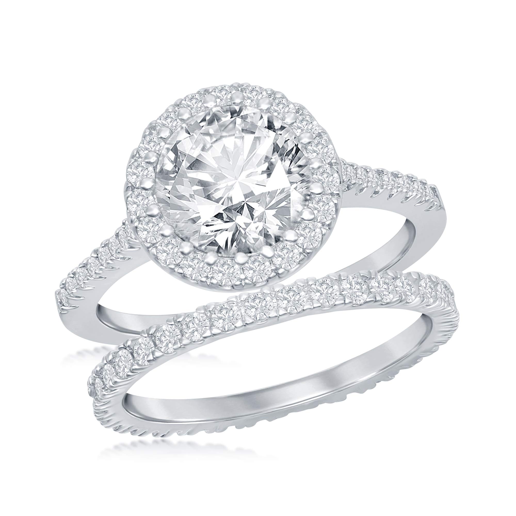 Silvertone Simulated Brilliant Diamond CZ 2.00ct Round Halo Engagement Ring and Band Set (Size 9)