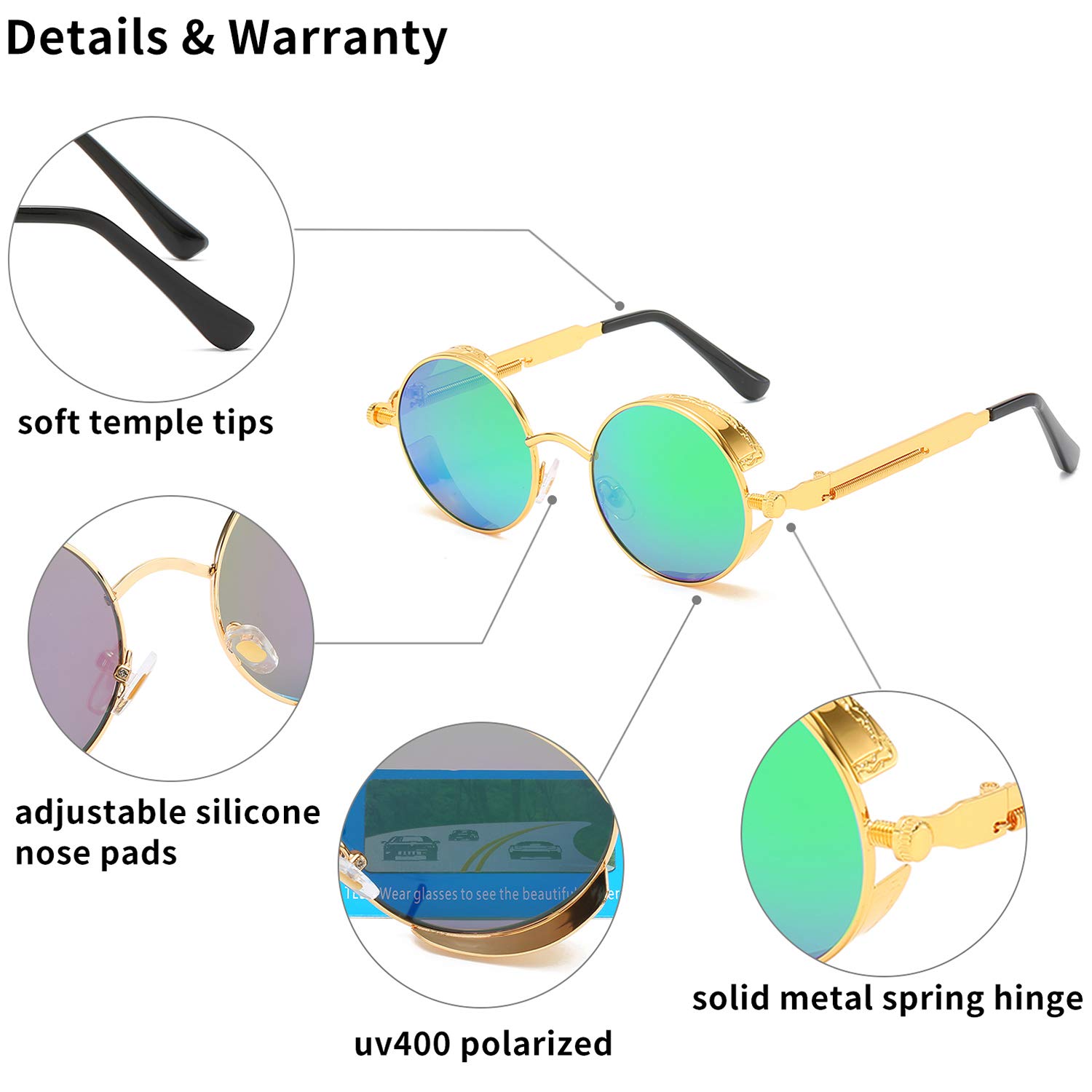 luojery Retro Round Gothic Circle Steampunk Polarized Sunglasses Metal Alloy Polarized Sun glasses for Men Women (Gold Frame Green Lens, POLARIZED LENS & 100% UV400)