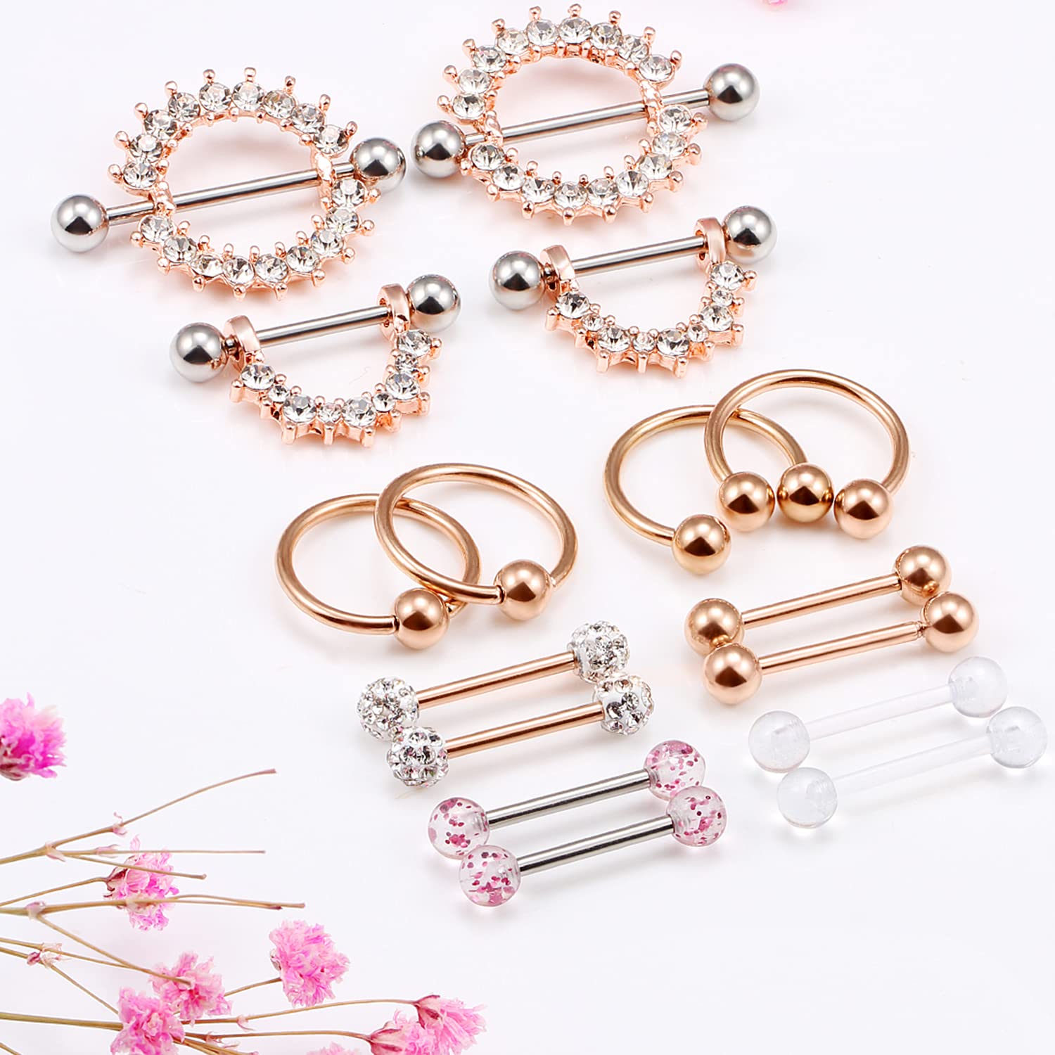 Cisyozi 14G Nipple Piercing Jewelry Tongue Rings for Women 14 Gauge Stainless Surgical Steel Rose Gold Nipple Tongue Ring Diamond Nipple Barbells Bar Nipple Hoops Rings Nipple Piercings Jewelry Women