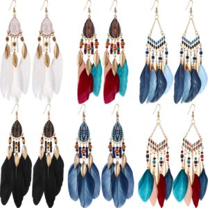 6 pairs women faux feather earrings dream catcher earring bohemian fringe tassel long drop dangle earrings set with design for women (style 1)