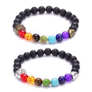 natural stone 7 chakra dog paw charm lava rock mala beads elastic bracelet yoga meditation healing bangle (bronze & silver dog paw)