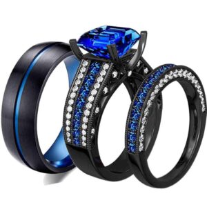 ringheart 2 rings luxury couple rings black gold filled princess cut blue cz womens wedding ring sets man tungsten wedding band (please buy two rings for one pair)