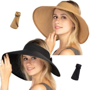 women sun visors foldable straw hats summer beach packable hat floppy wide brim cap big heads sombrero (black+khaki)