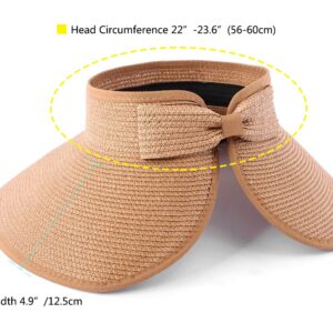 Women Sun Visors Foldable Straw Hats Summer Beach Packable Hat Floppy Wide Brim Cap Big Heads Sombrero (Black+Khaki)