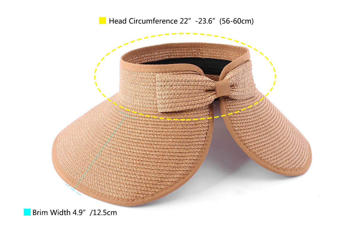 Women Sun Visors Foldable Straw Hats Summer Beach Packable Hat Floppy Wide Brim Cap Big Heads Sombrero (Black+Khaki)