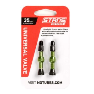 stan's notubes universal tubeless presta valve stem pair, aluminum stems, 35 millimeters, green