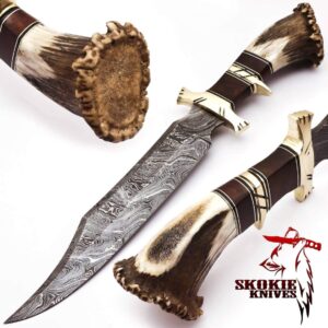 skokie knives damascus steel hunting knife stag antler handle with burl wood & brass guard –15” handmade premium quality sharp edge fix blade - genuine multipurpose knife – ideal for hunting, camping