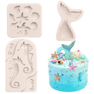 sakolla mermaid theme cake fondant mold - seahorse seashell starfish mermaid tail silicone mold for cake decoration, chocolate, candy, polymer clay, cupcake decor, sugar craft