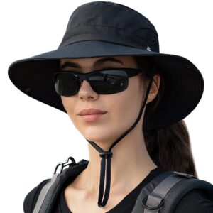 HGGE Women Ponytail Summer Sun Hat Wide Brim UV Hats Floppy Bucket Cap for Safari Beach Fishing Gardening Pure Black