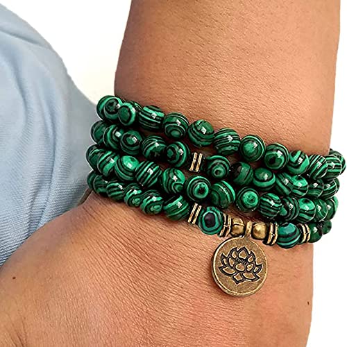 SJUENSXH Mala Bead Strand Bracelet, 108 Buddhist Prayer Beads Yoga Meditation Green Malachite Beads Necklace Women man