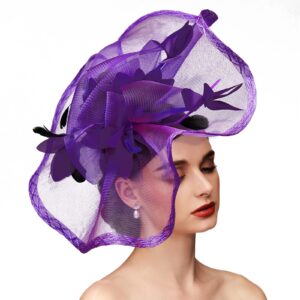 ts fascinators hat mesh floral feather fascinator headband for wedding cocktail tea party or special occasion(purple)