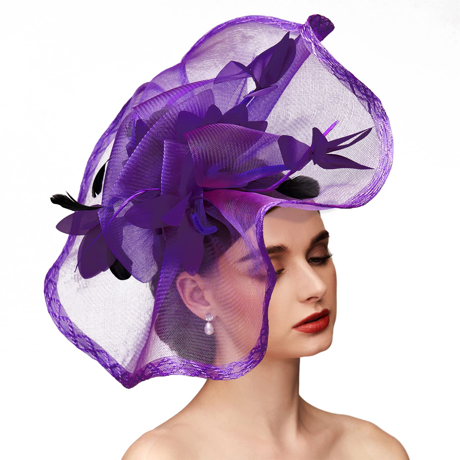 TS Fascinators Hat Mesh Floral Feather Fascinator Headband for Wedding Cocktail Tea Party or Special Occasion(Purple)