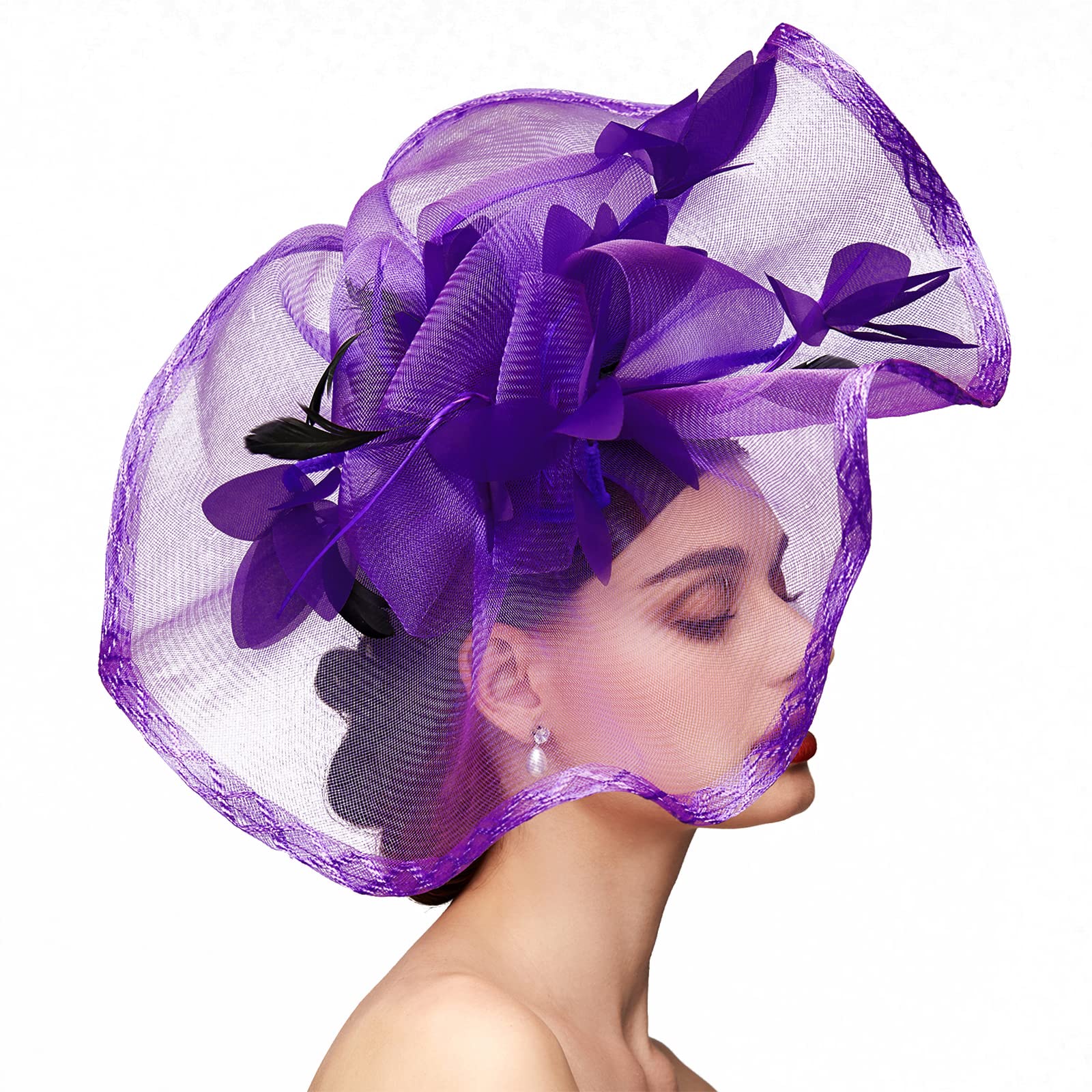 TS Fascinators Hat Mesh Floral Feather Fascinator Headband for Wedding Cocktail Tea Party or Special Occasion(Purple)