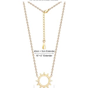 KristLand - 18k Gold Plated Dainty Layered Sun Necklace Pendant Short Cactus Choker Chain, Circle Layering Necklace,Star Handmade Gold Simple Necklace for Women A Sunshine Gold Color