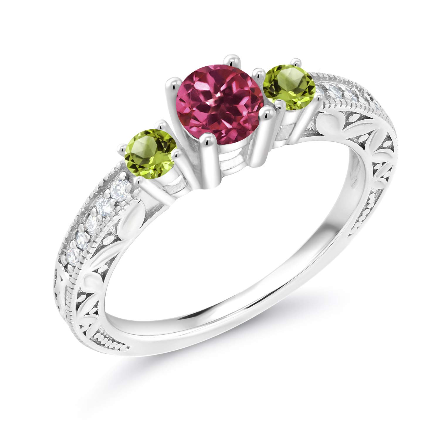 Gem Stone King 925 Sterling Silver Pink Tourmaline and Green Peridot Engagement Ring For Women (0.89 Cttw, Gemstone Birthstone, Available In Size 5, 6, 7, 8, 9)