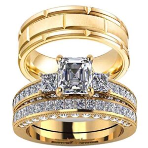 ringheart couple rings three stone yellow gold filled princess cut cz womens wedding ring sets titanium wedding band