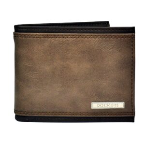 dockers men's bifold leather wallet - thin slimfold extra capacity, brown stitch, one size