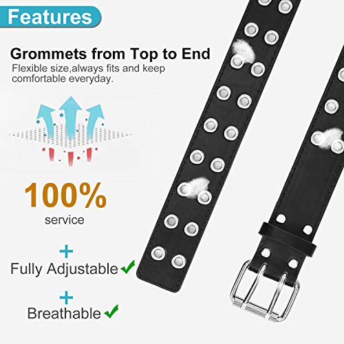 SANSTHS Double Grommet PU Leather Belt for Women Men Punk Rock Metal Jeans Belts 1 1/2 inch, Black S